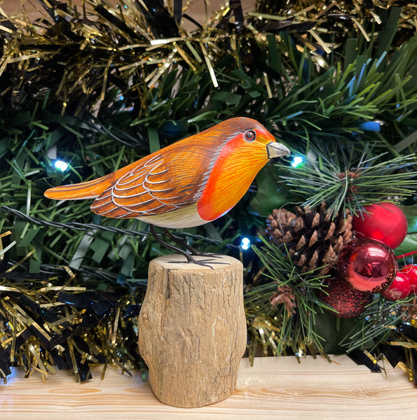 Handpainted Carved Wooden Robin on Wood – My Family House